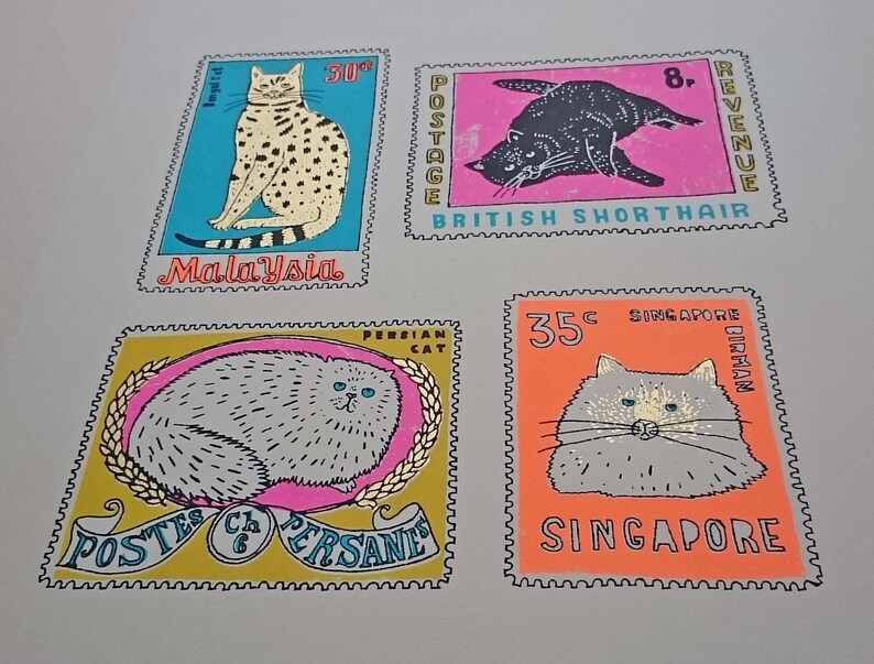 Cat Stamps Screenprint International Cats | Etsy UK