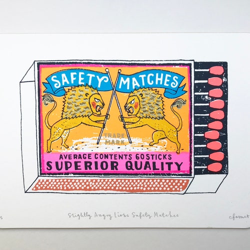 Two Lions Matchbox Screen Print slightly Angry Lions - Etsy