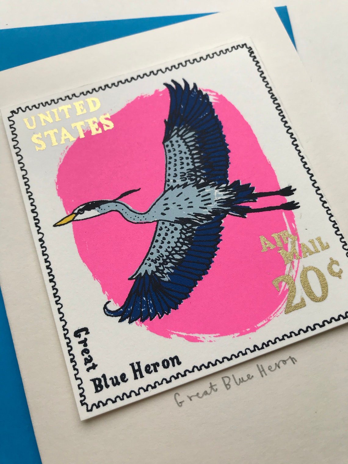 Bird Stamp Card - Great Blue Heron/american Stamp - Etsy UK