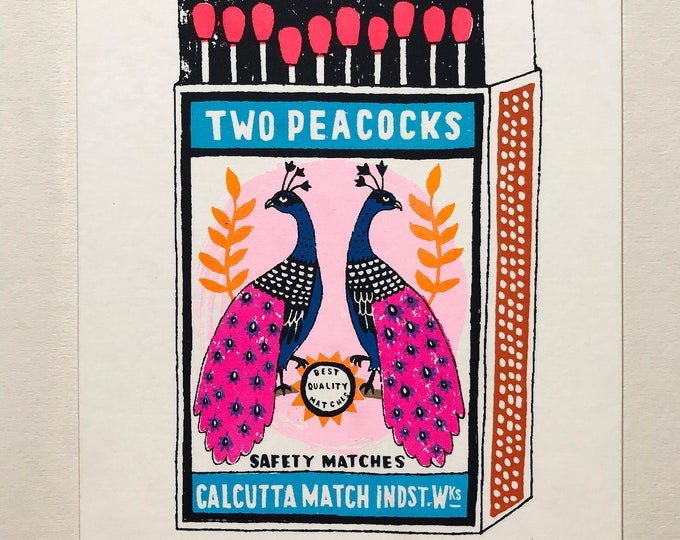 Peacock Matchbox Screenprint on Gilt Edge Card - the Two Peacocks Box ...