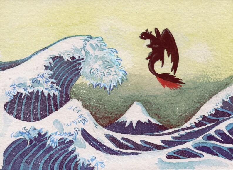 Dragon Great Wave Watercolor Print - Etsy