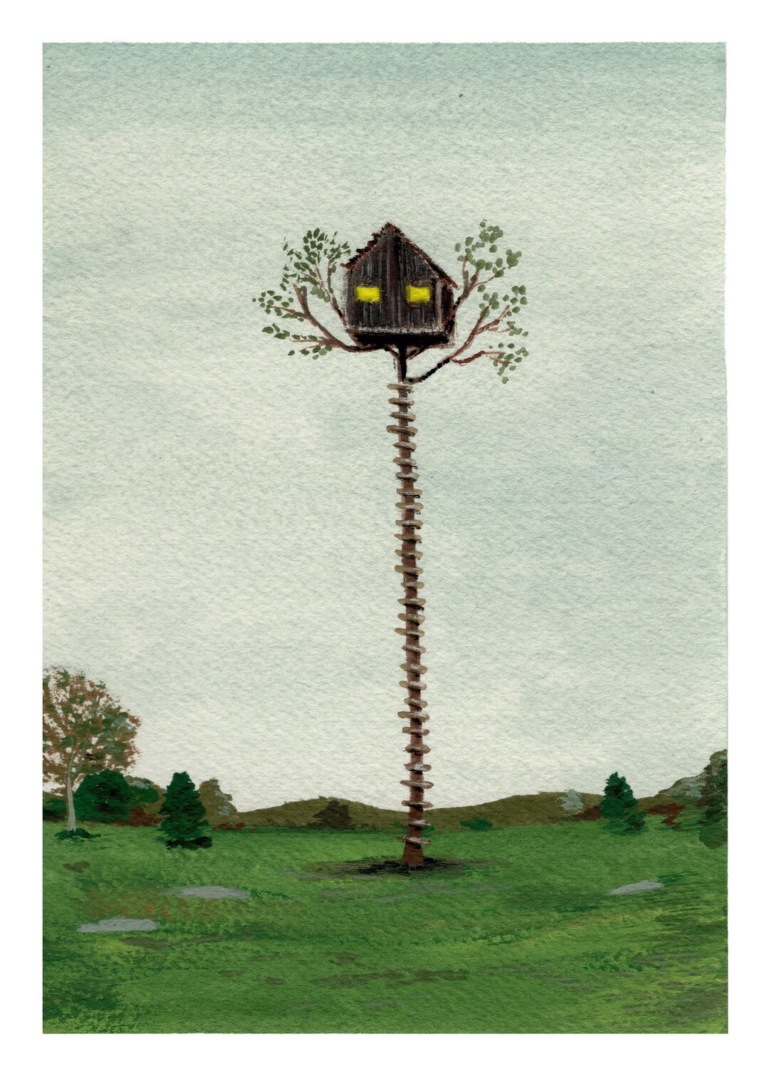 Moonrise Treehouse Gouache Reproduction Print - Etsy