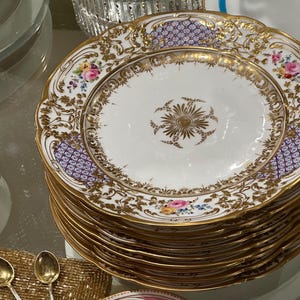 Antique 1800s English Gilt Dinner Plates: Embossed Medallion Pink Roses ...