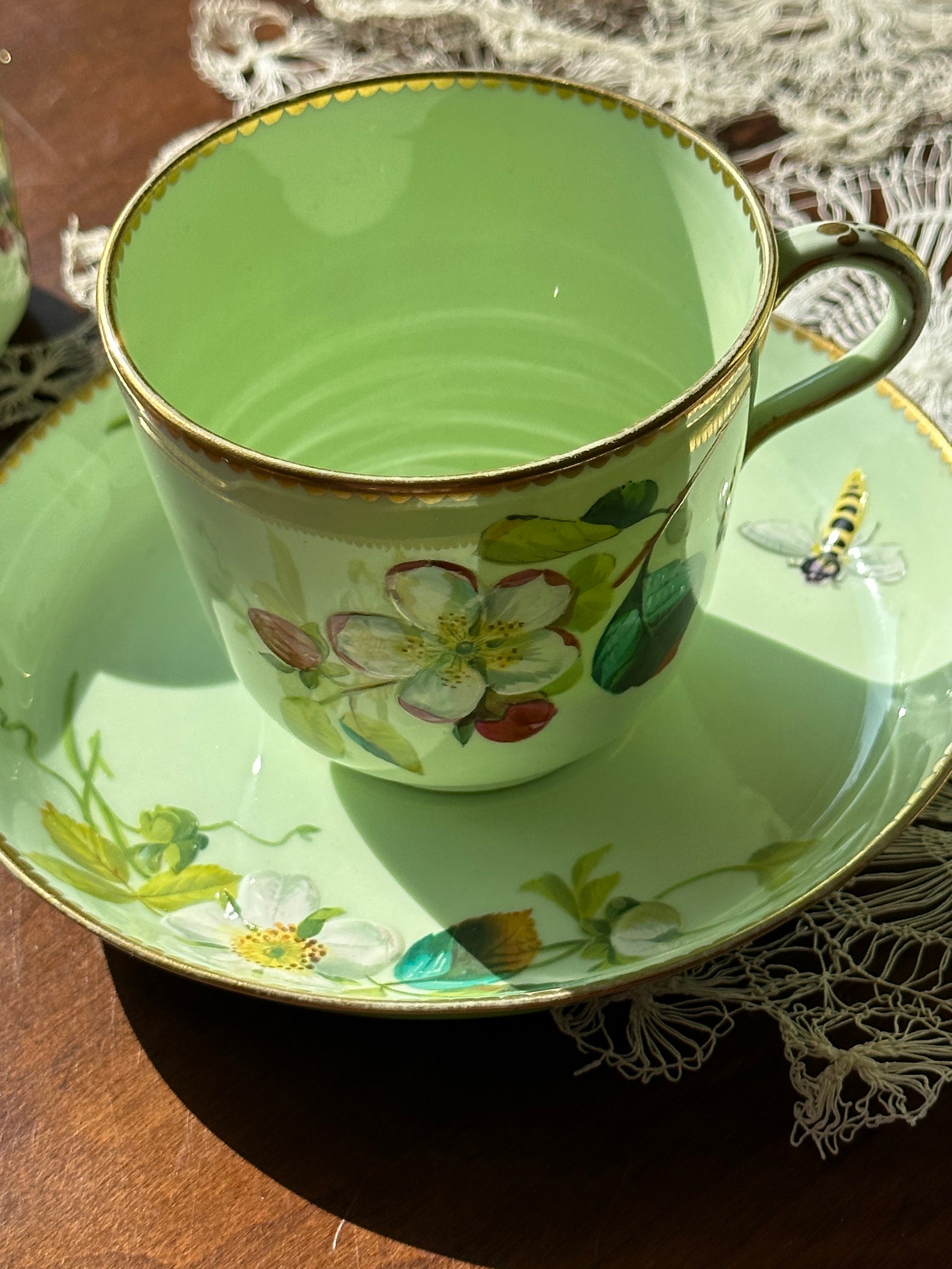 Antique English China Tea Set: Hand-painted Florals, Bees, Pale Green ...