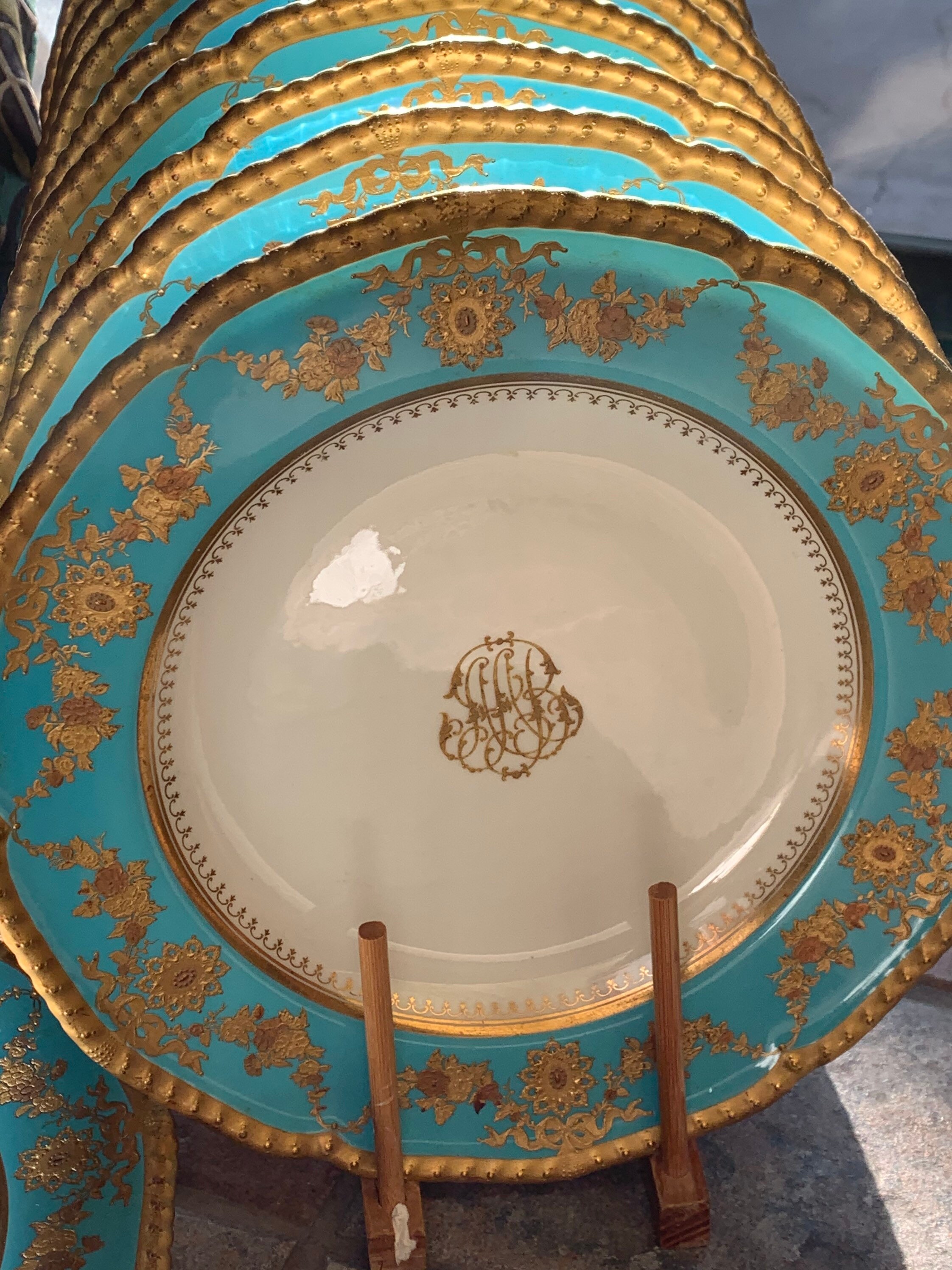 RESERVED SOLD 12 Antique Royal Crown Derby Dinner Plates w Turquoise ...