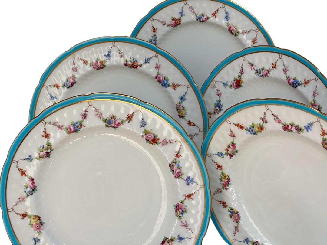 1800s Minton Turquoise Dinner Plates: Floral Swag Details Collectible ...