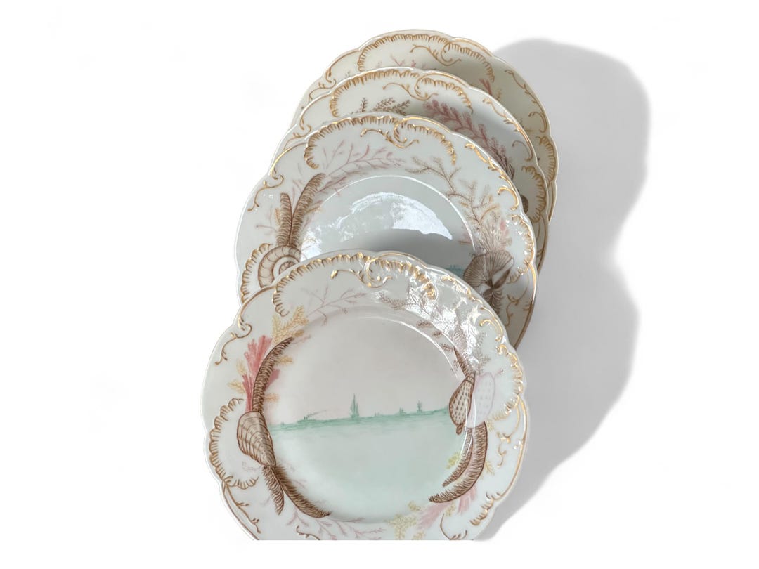 4 Hand Painted French Seashell Plates, Ocean Scene, Gilded Trim ...