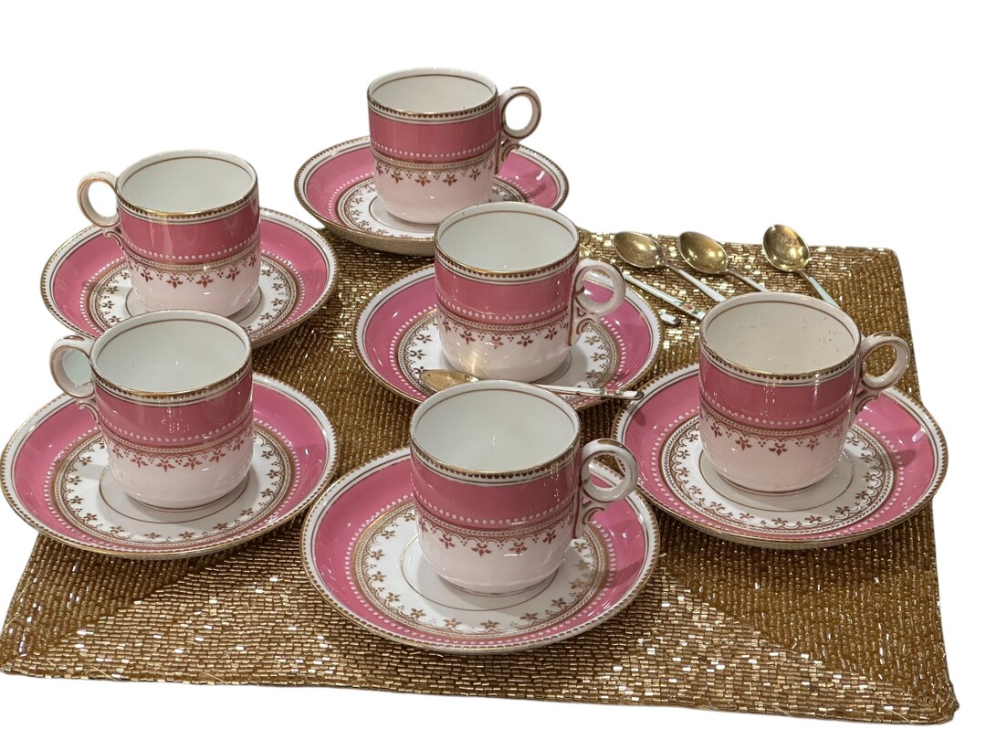 Antique Pompadour Pink Demitasse Tea Service for Six W White Jeweling ...