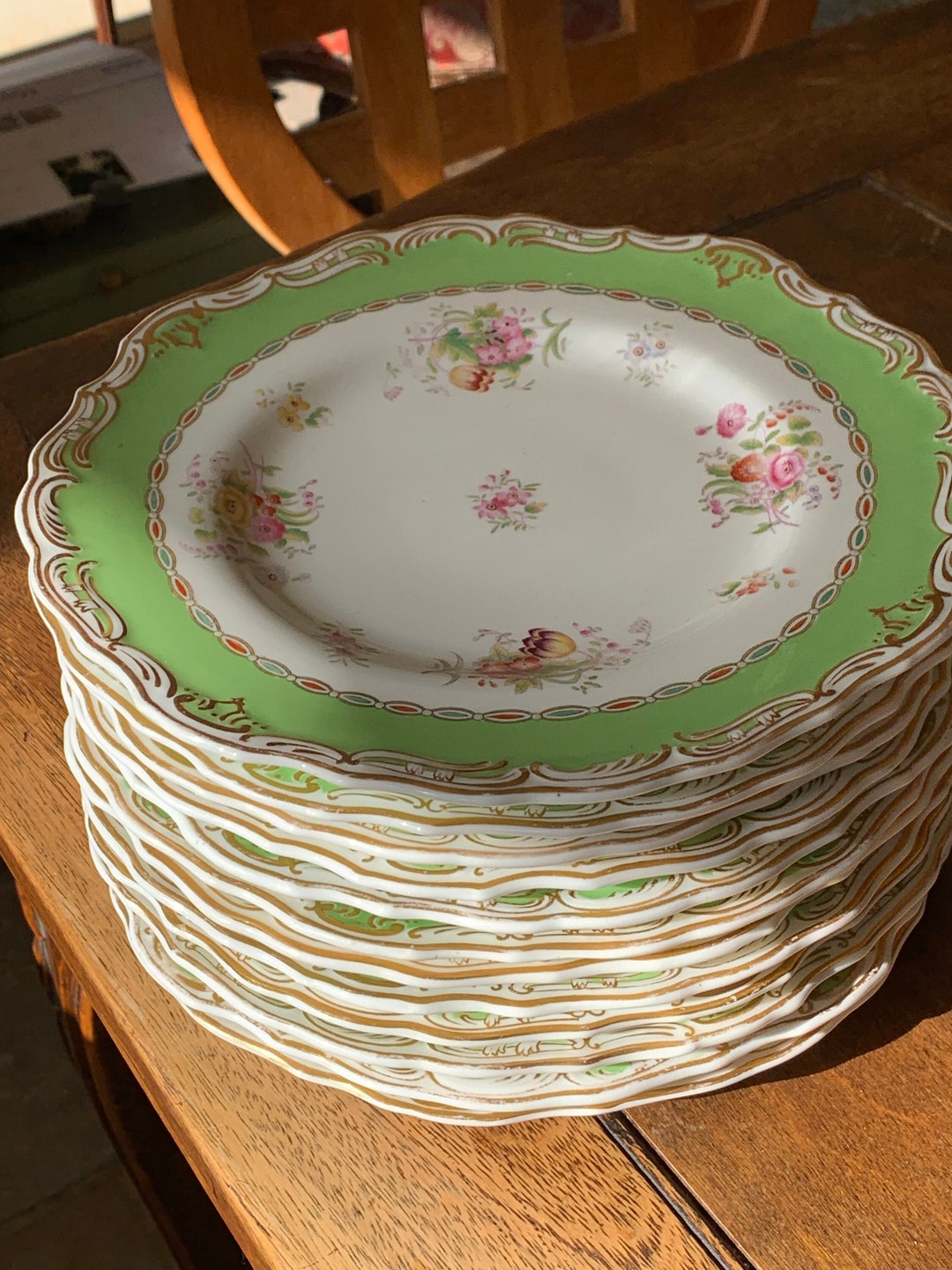 12 Antique Spode Dinner Plates W Spring Green Border, Hand Painted ...