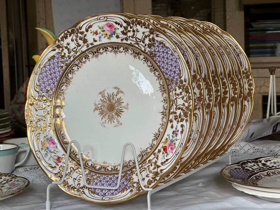 Antique 1800s English Gilt Dinner Plates: Embossed Medallion Pink Roses ...