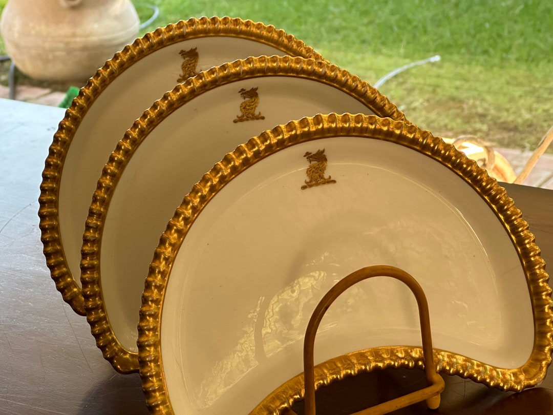3 Antique Spode Salad Plates W Gilded Armorial Lion Crest and Gadrooned ...