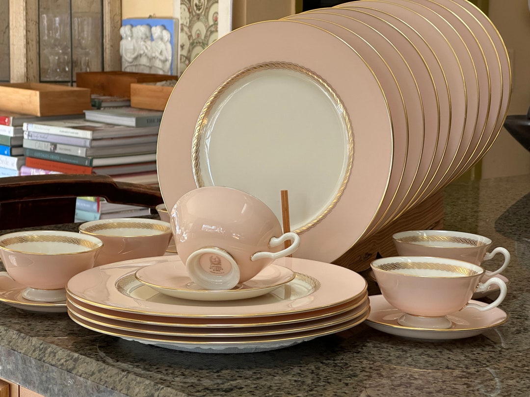 26pc Vintage Lenox China Set W Pale Pink Ground, 14 Dinner Plates, 6 ...