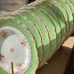 12 Antique Spode Dinner Plates W Spring Green Border, Hand Painted ...