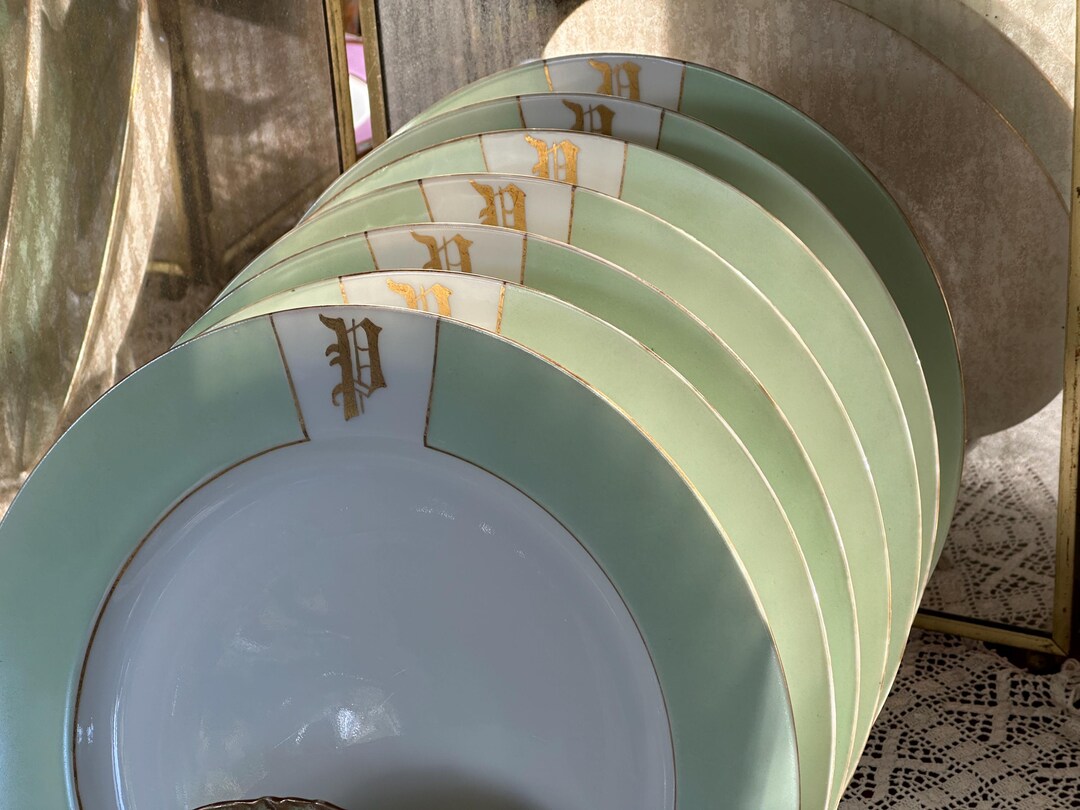 Antique Haviland French Monogrammed Dinner Plates: Green Border Gilt ...