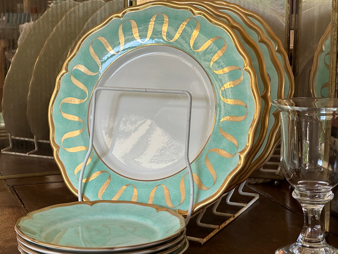 8pc Este Ce Aqua Italian Dinnerware Set W Gold Ribbon Design, Dinner ...