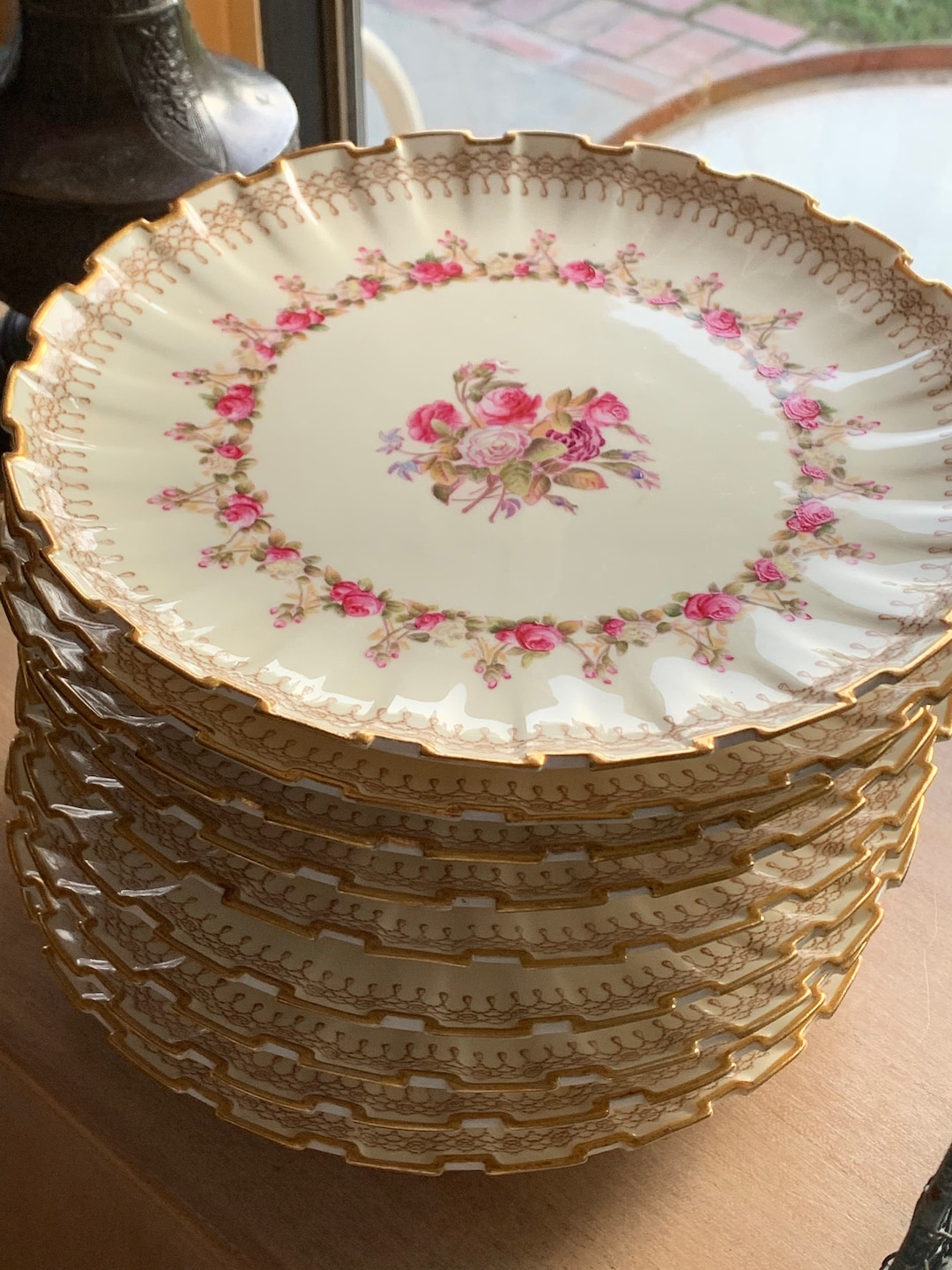 9 Antique Copeland Hand Painted Pink Floral Dessert Plates W Unusual ...