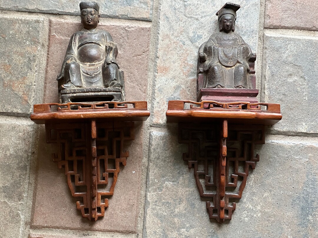 Pair Antique Chinese Carved Wood Deity Statues on Display Shelves ...