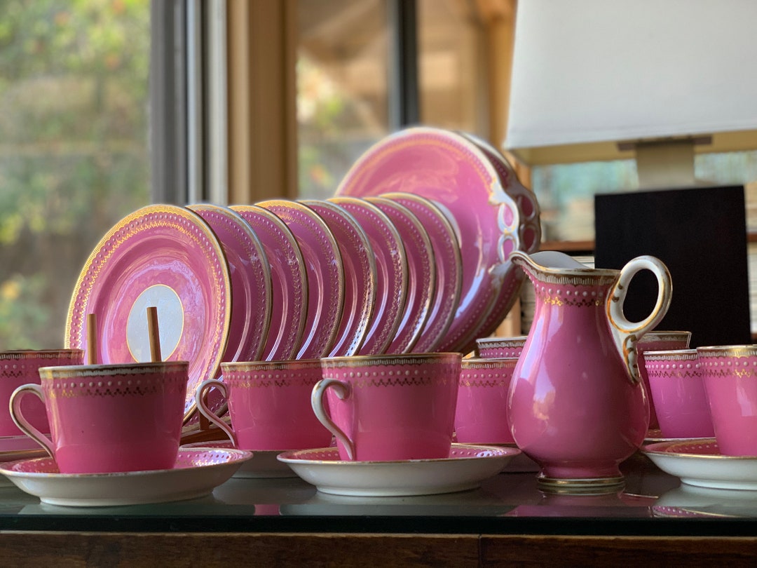 Antique Pompadour Pink Tea Service for 8 W White Jeweling Gilded Rims ...