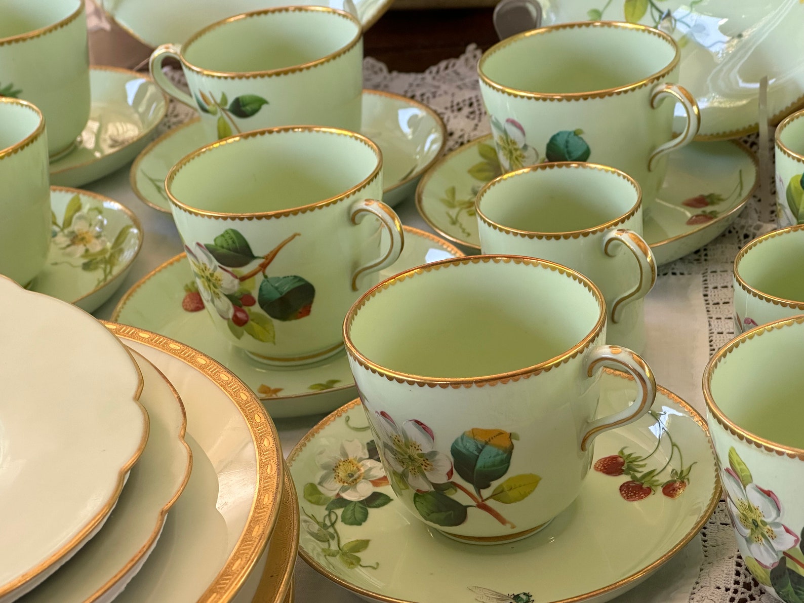 Antique English China Tea Set: Hand-painted Florals, Bees, Pale Green ...