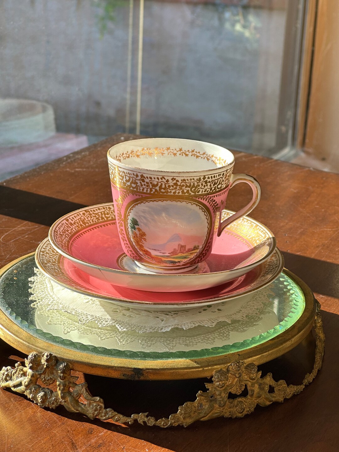 3pc Antique Pink English Tea Set W Hand Painted Landscape Scenes ...