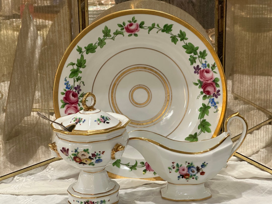 Antique Old Paris French China Set W Hand Painted Florals, Rich Gilding ...