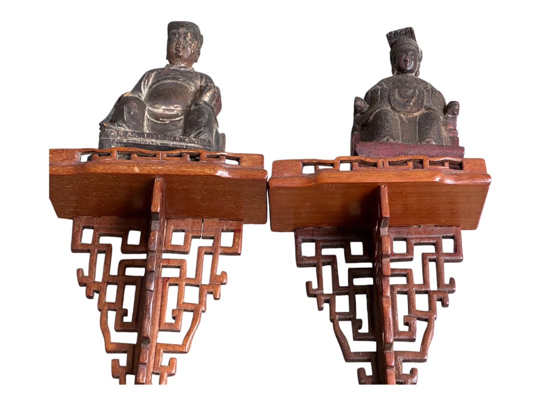 Pair Antique Chinese Carved Wood Deity Statues on Display Shelves ...