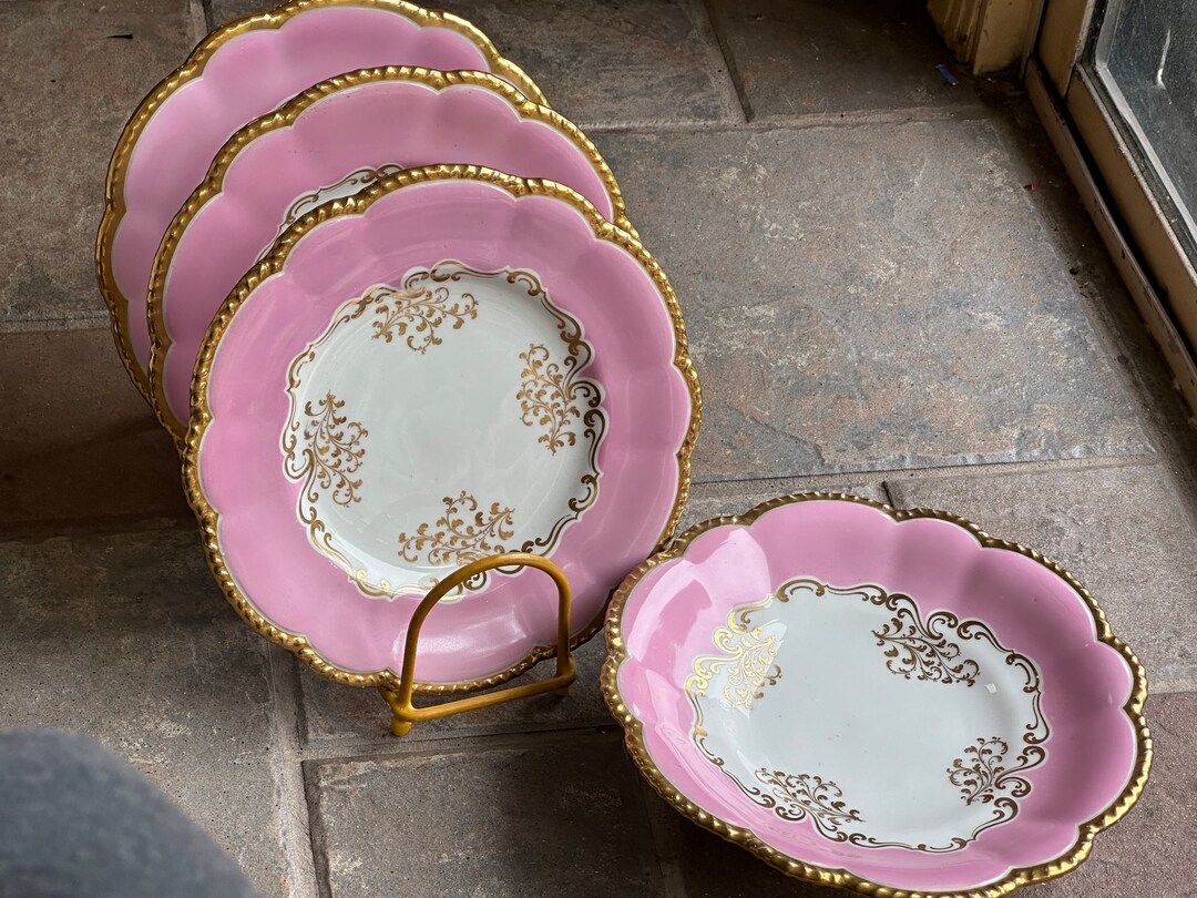 4pc Antique Pretty in Pink China Set W Gilded Scalloped Rims, 3 ...