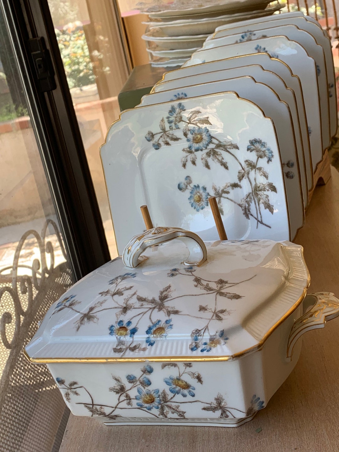 Antique French China Set, 8 Limoges Square Dessert Plates W Hand ...