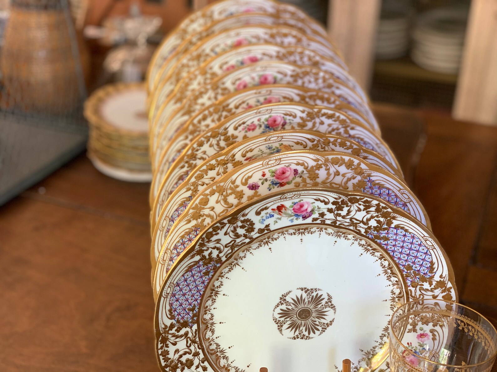 Antique 1800s English Gilt Dinner Plates: Embossed Medallion Pink Roses ...