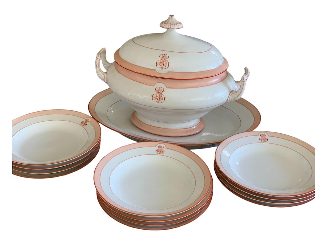 RESERVED SOLD Antique French Monogrammed China Set: Tureen Platter 12 ...