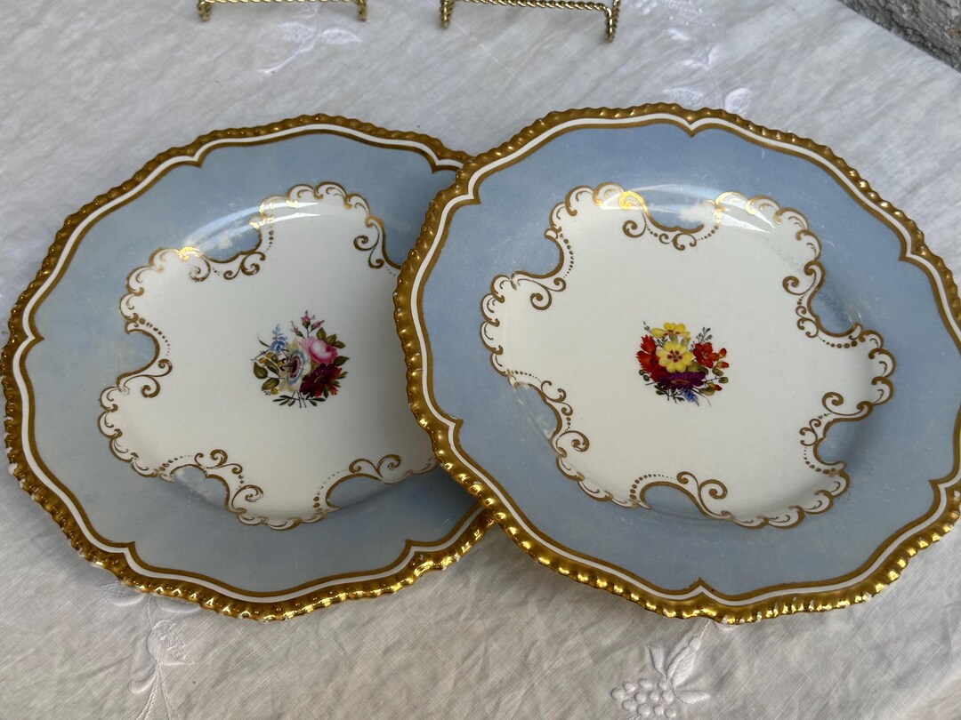 Rare Georgian Flight Barr Barr China Plates: Pale Blue Floral Gilded ...