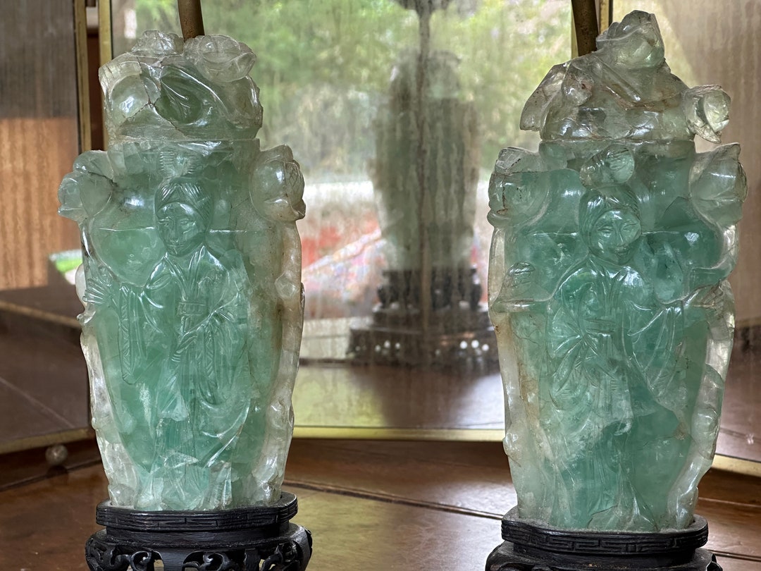 Rare Pair Asian Carved Jade Lamps, W Customed Platform and Shades ...