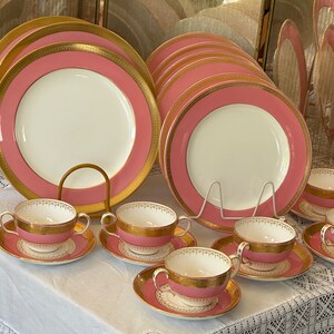 22pc Antique Pink Minton Dinnerware Set W Raised Encrusted Gilded Rims ...
