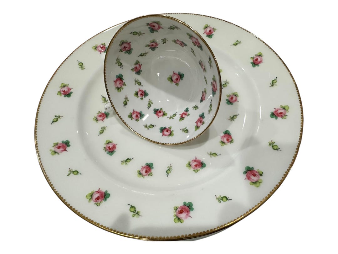 Vintage Minton China Set: Enameled Pink Roses Dinner Plates and Teacups ...