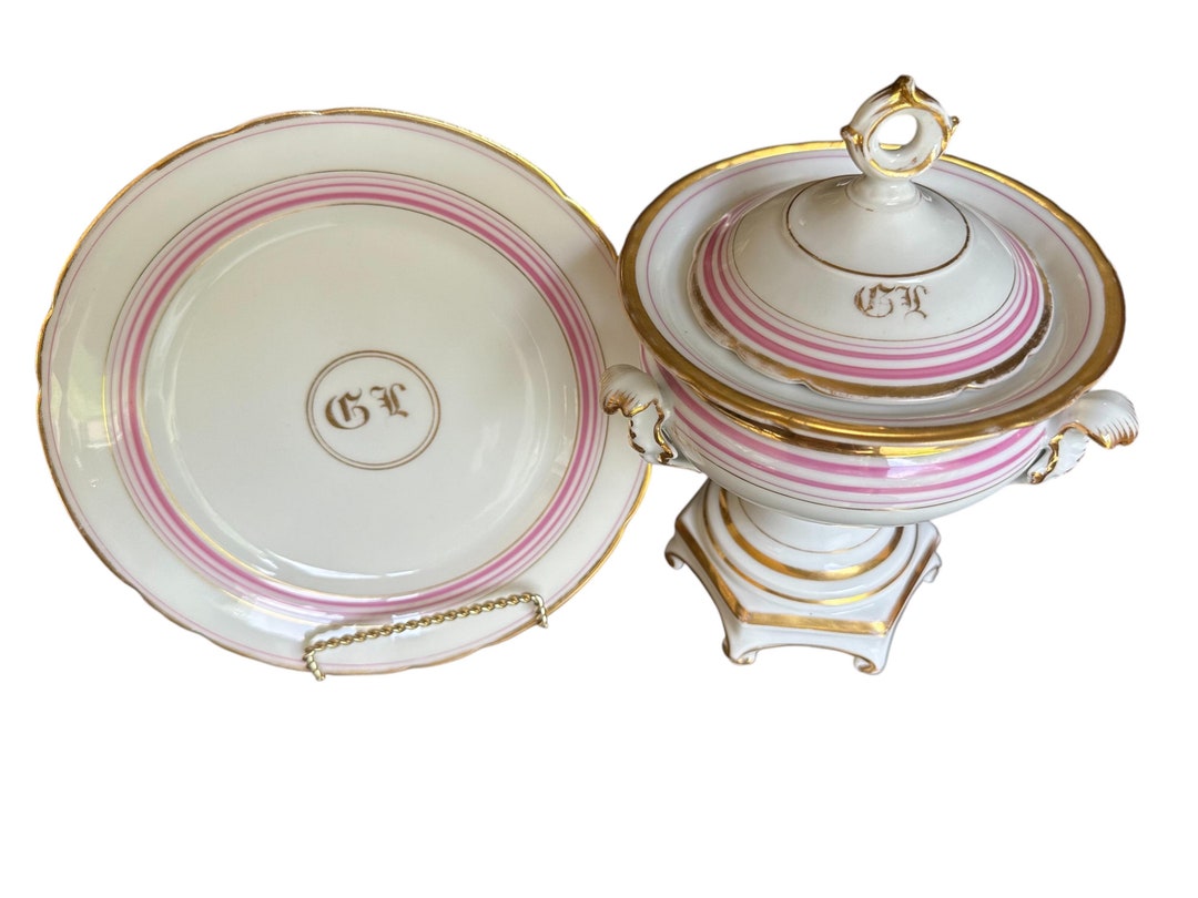 Rare Old Paris China Set: Pink Monogrammed Dessert Plates, Lidded ...
