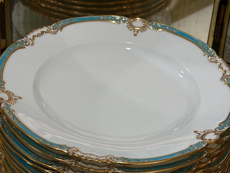 1850 Minton Aqua Dinner Plates: Embossed Neoclassic Gilt Scalloped Rims ...