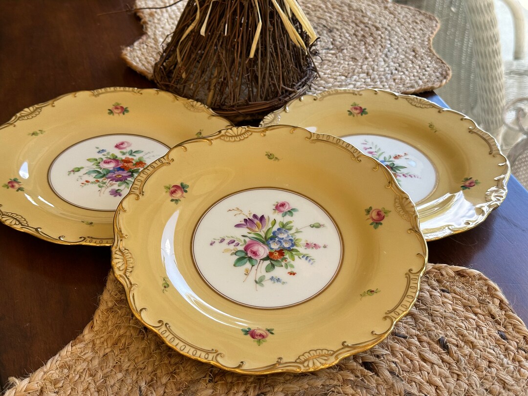 3 Antique Mustard Colored Coalport Dessert Plates W Hand Painted Floral ...