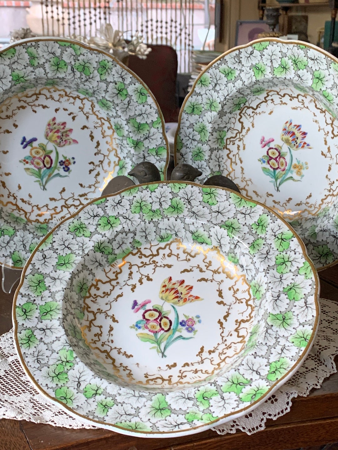 3 Rare Antique Grainger Worcester Soup Plates With Elaborate Green Leaf ...