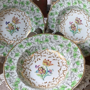 3 Rare Antique Grainger Worcester Soup Plates With Elaborate Green Leaf ...