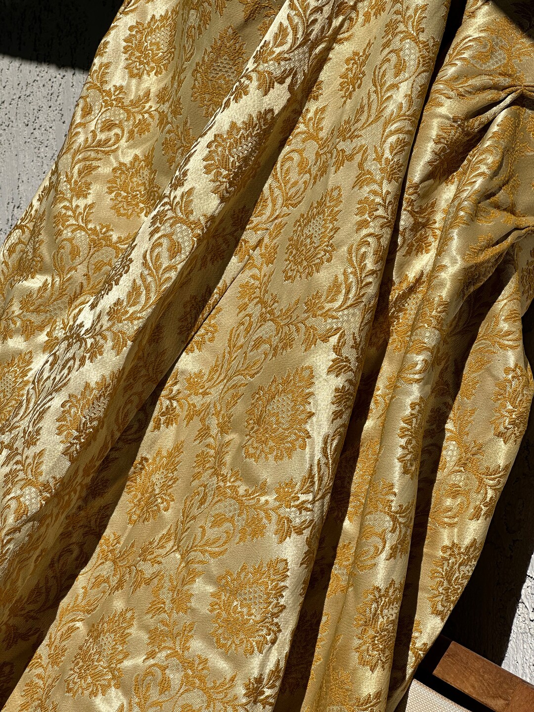 Pair Mid Century Gold Damask Drapery Panels, Permanent Press, Pinched ...