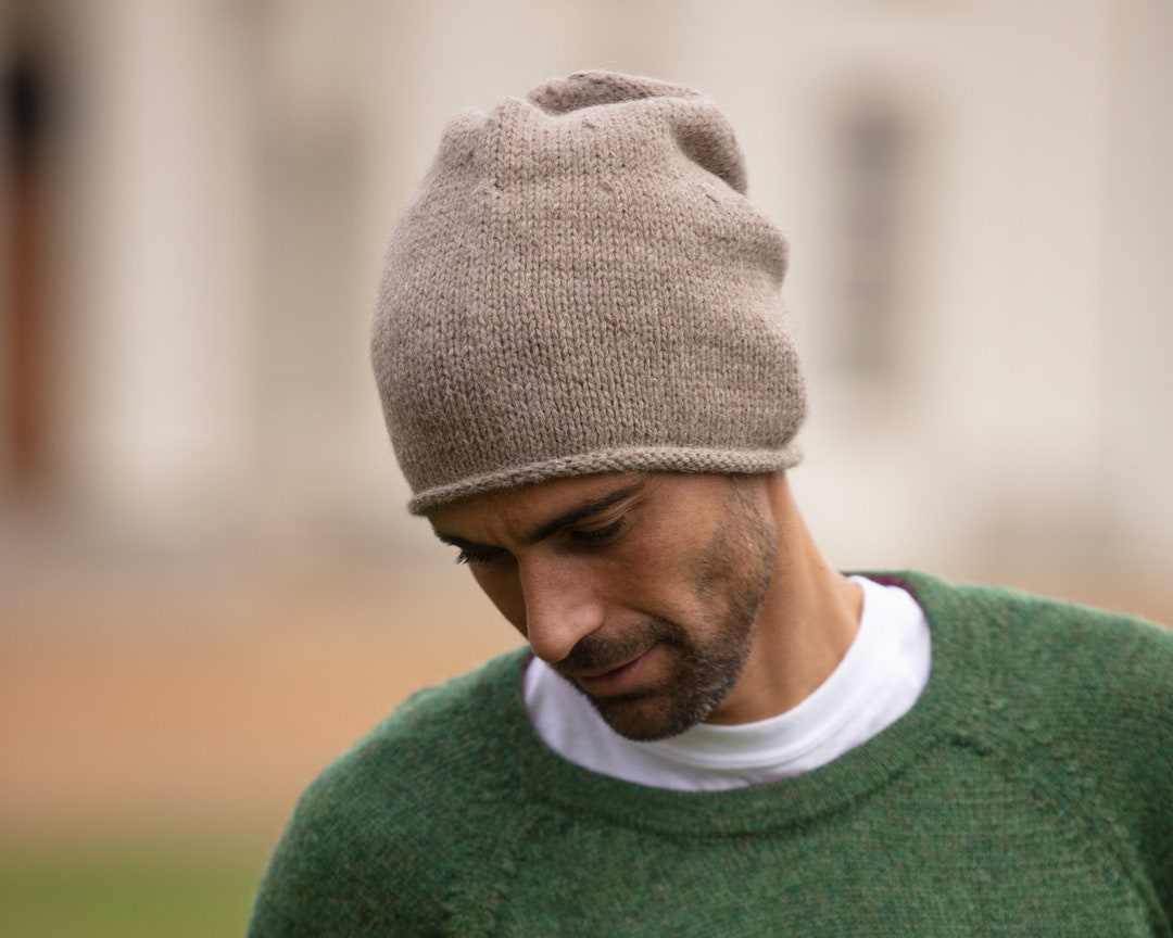 Men's Slouch Beanie Hat, 100% Alpaca, Light Grey, Hand Knitted Slouchy ...
