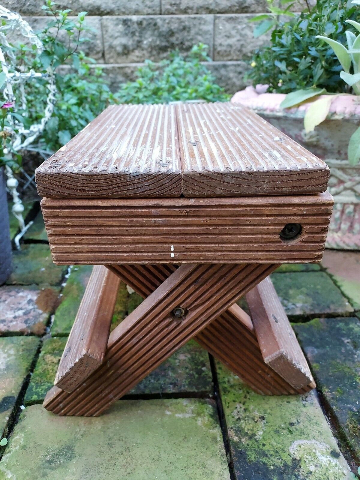 Vintage Fluted Wood Folding One Step Stool Plant Stand Rustic Spattered ...