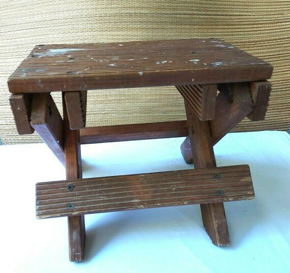 Vintage Fluted Wood Folding One Step Stool Plant Stand Rustic Spattered ...