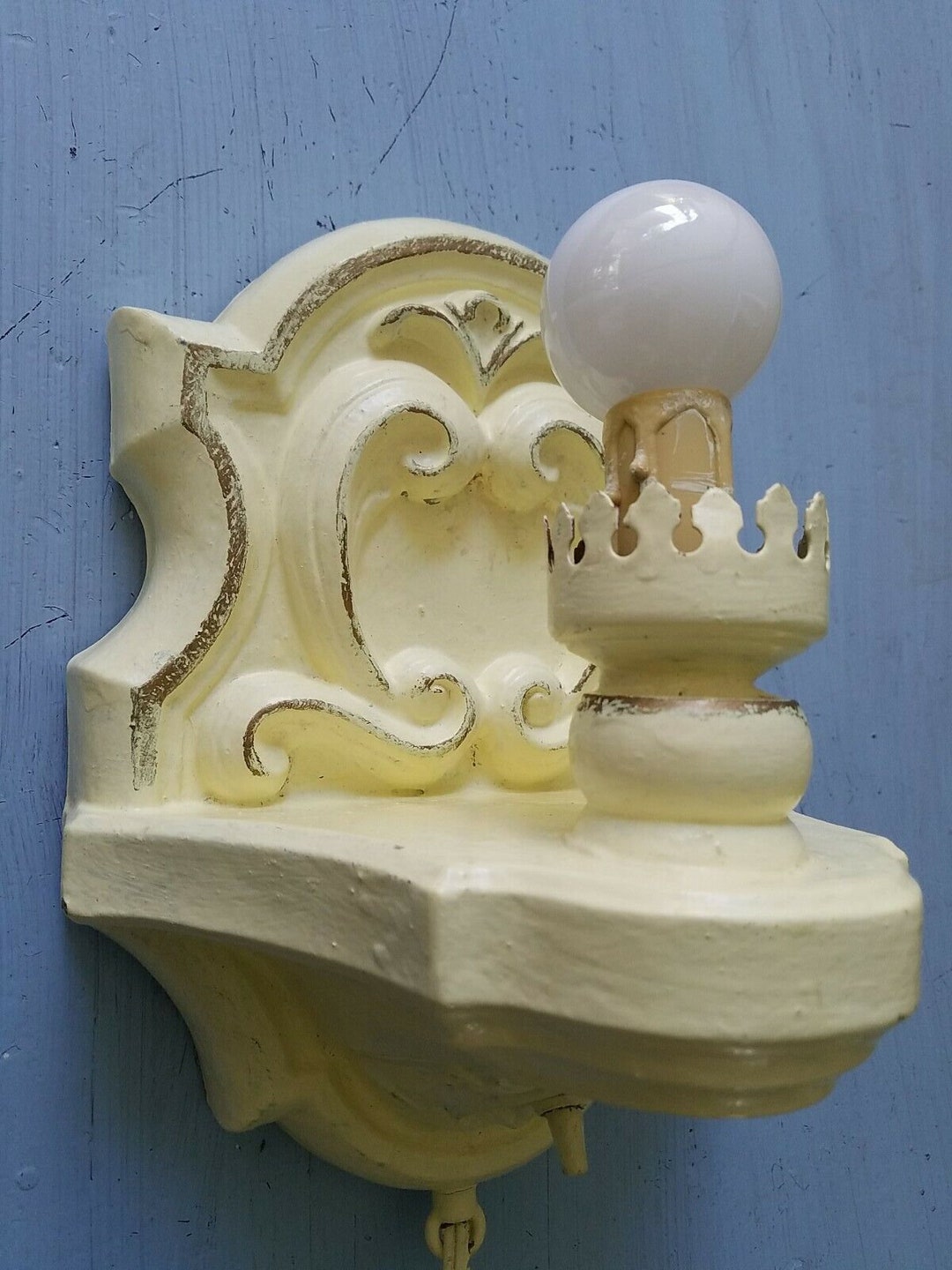 Vintage Granny Cottage Wood Wall Corbel Sconce Lamp Light Buttercream ...