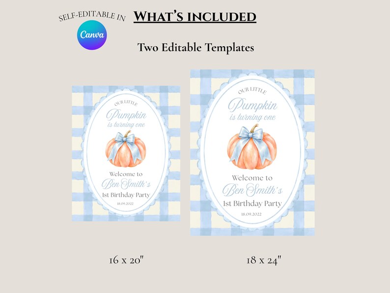 Editable Little Pumpkin 1st Birthday Welcome Sign, Boy Blue Bow Fall ...