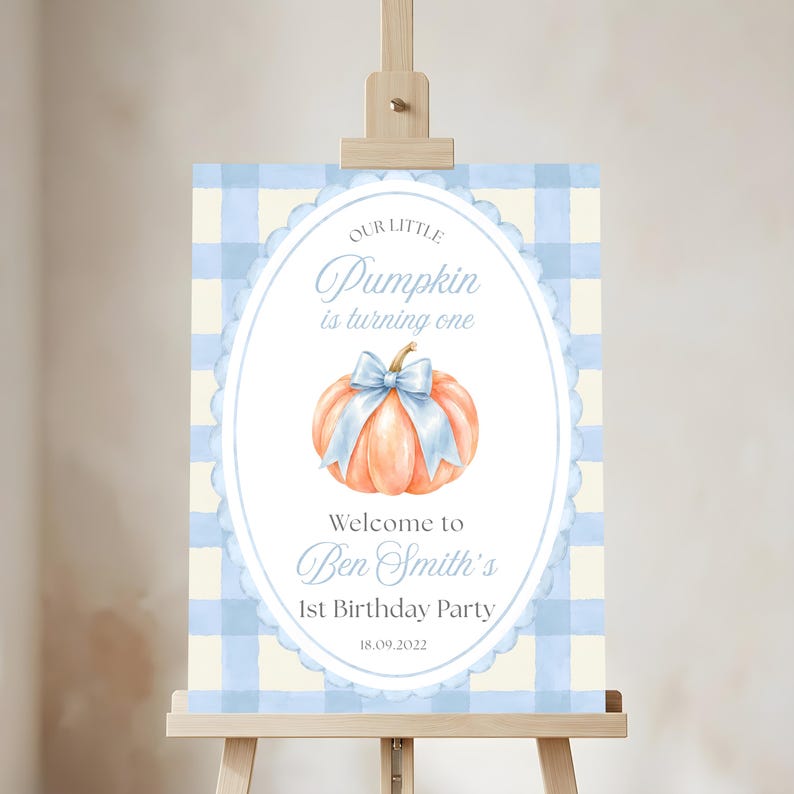 Editable Little Pumpkin 1st Birthday Welcome Sign, Boy Blue Bow Fall ...