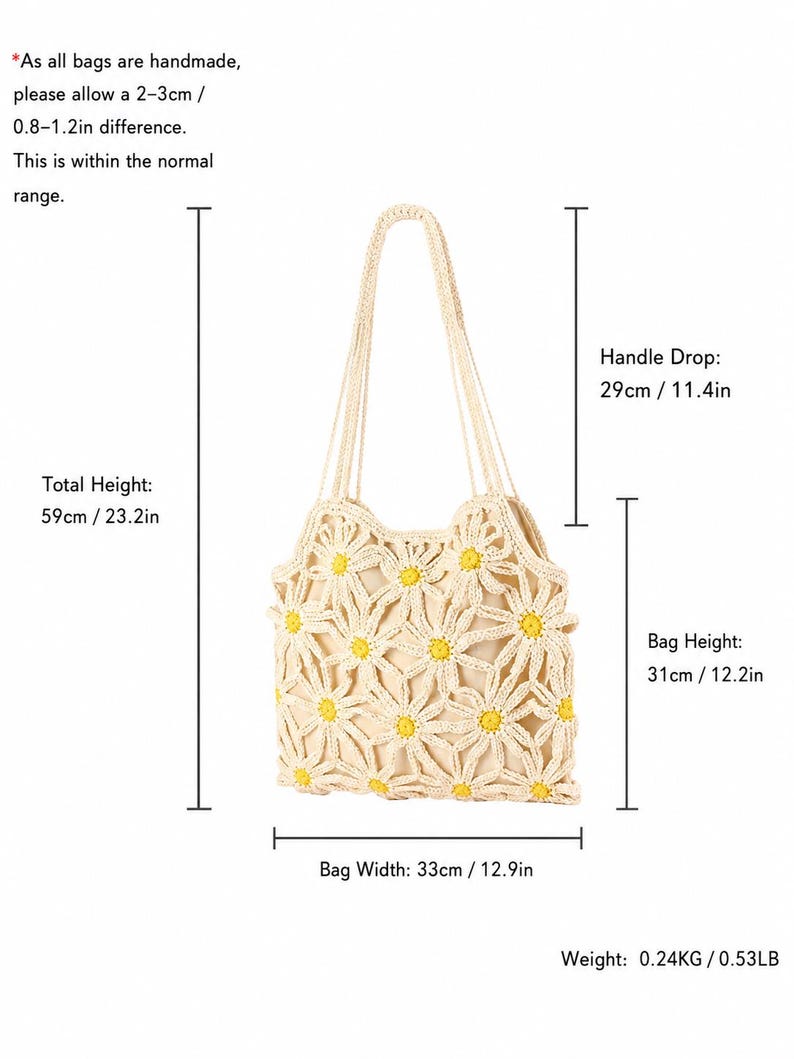 Daisy Crochet Tote Bag, Handmade Floral Shoulder Bag, Boho Openwork ...