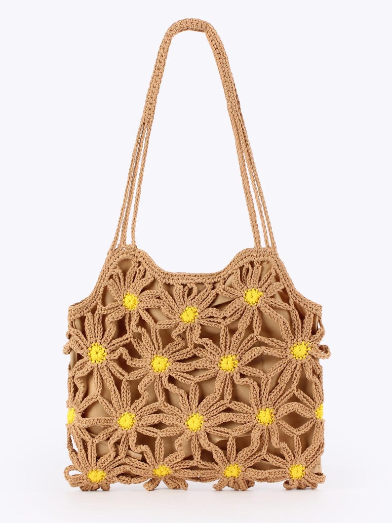 Daisy Crochet Tote Bag, Handmade Floral Shoulder Bag, Boho Openwork ...