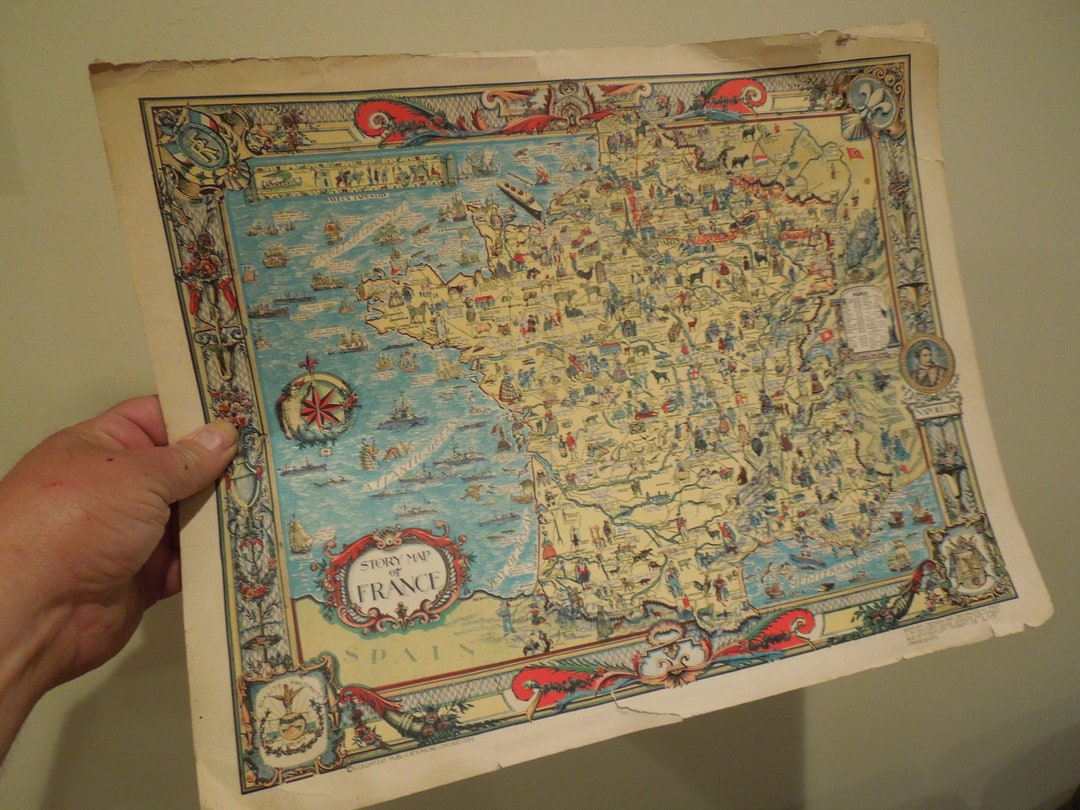 Rare Antique Story Map France, 1936 Colorful Map of France, FREE ...