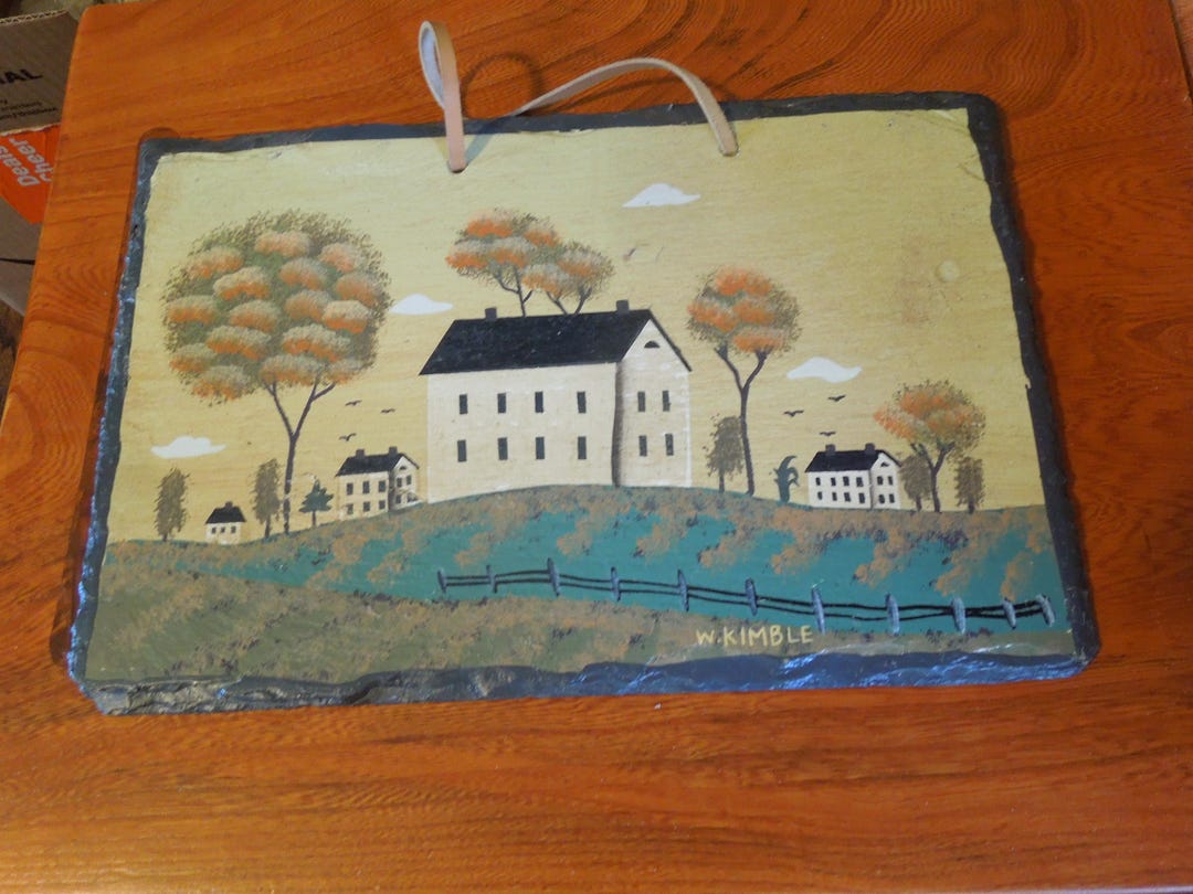 Signed Folk Art on Slate, House on A Hill Signed W. Kimble Oil Paint on ...